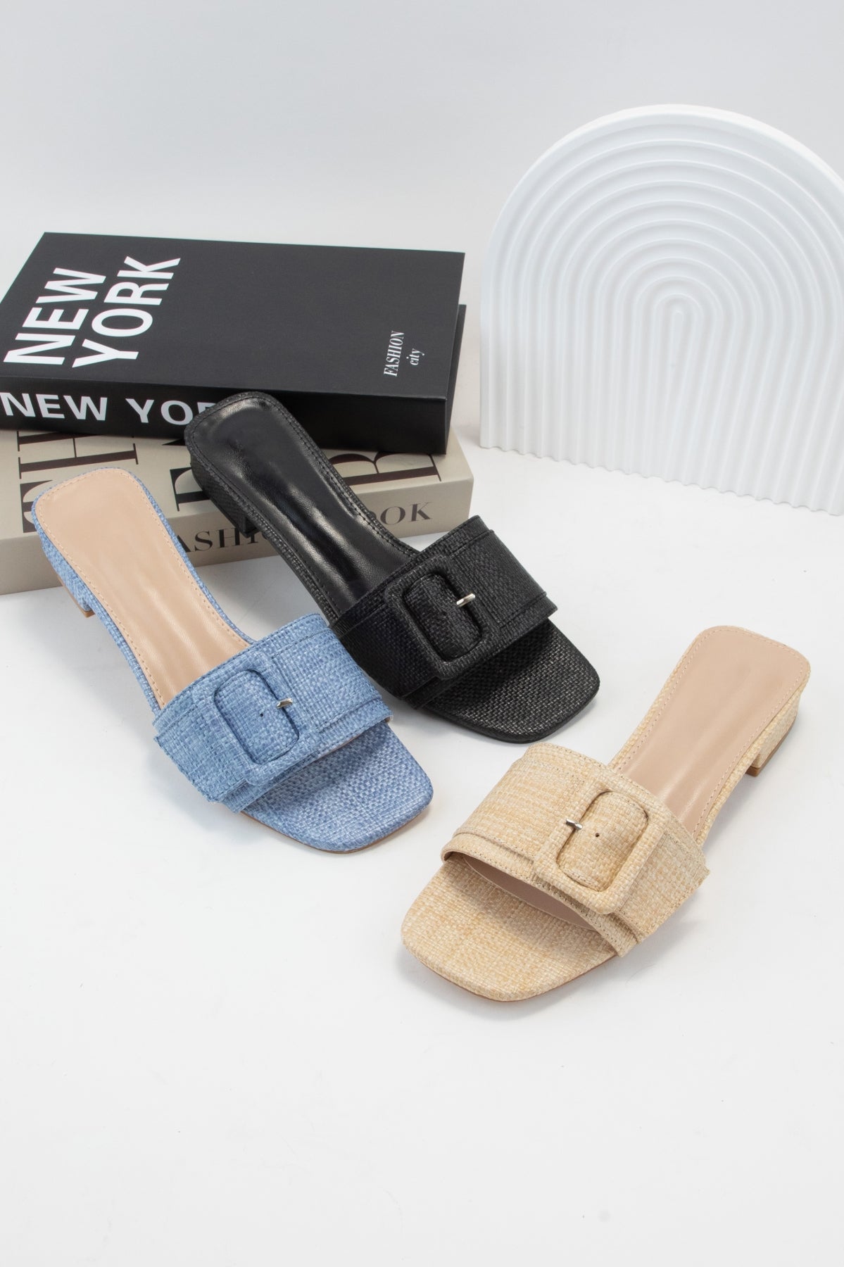 SQUARE-25 RECTANGLE BUCKLE RAFFIA SLIP-ON SANDAL – CCOCCI